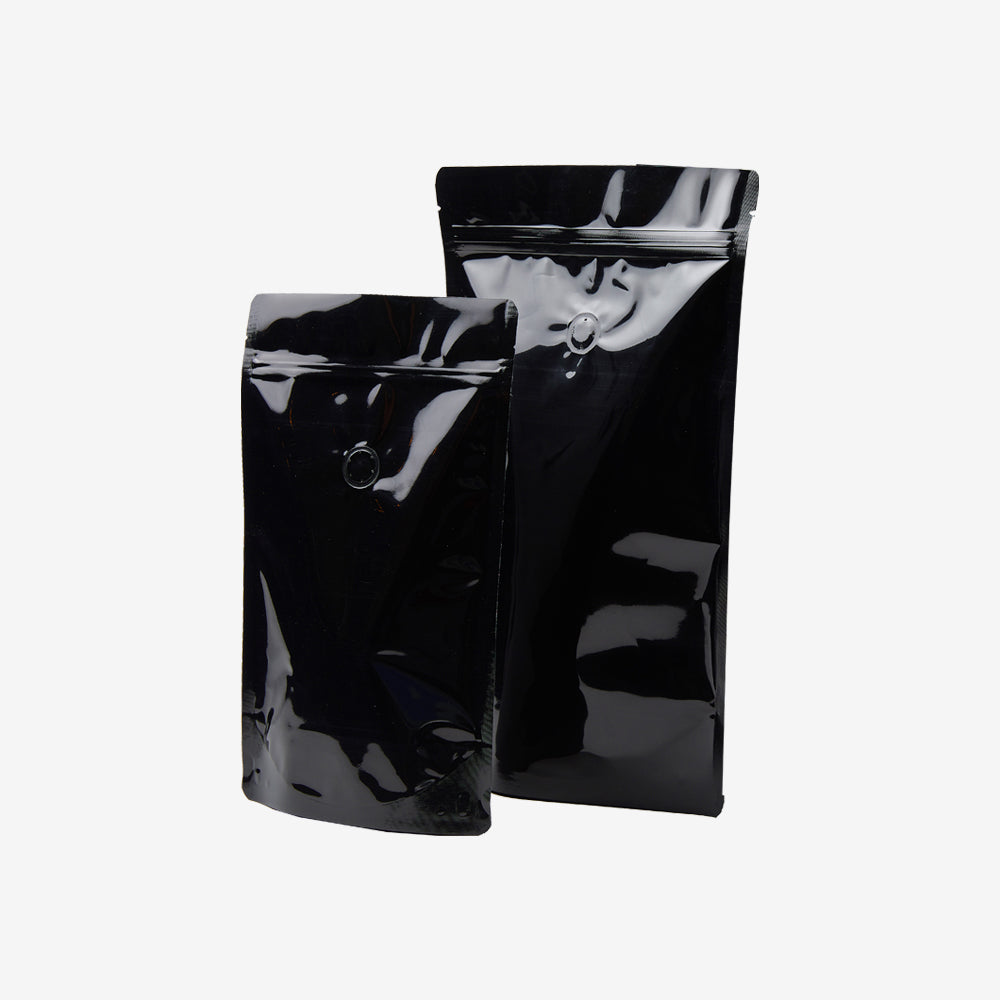 Gloss Black Stand Up Pouches With Reseal Zip And Valve 500 G Vektropack